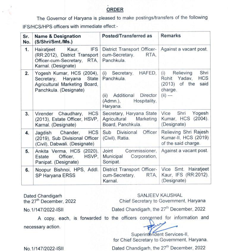 Transfer of IFS, HCS and HPS officers of Haryana